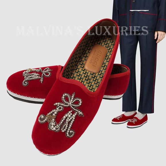 Gucci | Shoes | Gucci Mens Shoes Red Velvet Moccasin Loafers Pearl Am ...